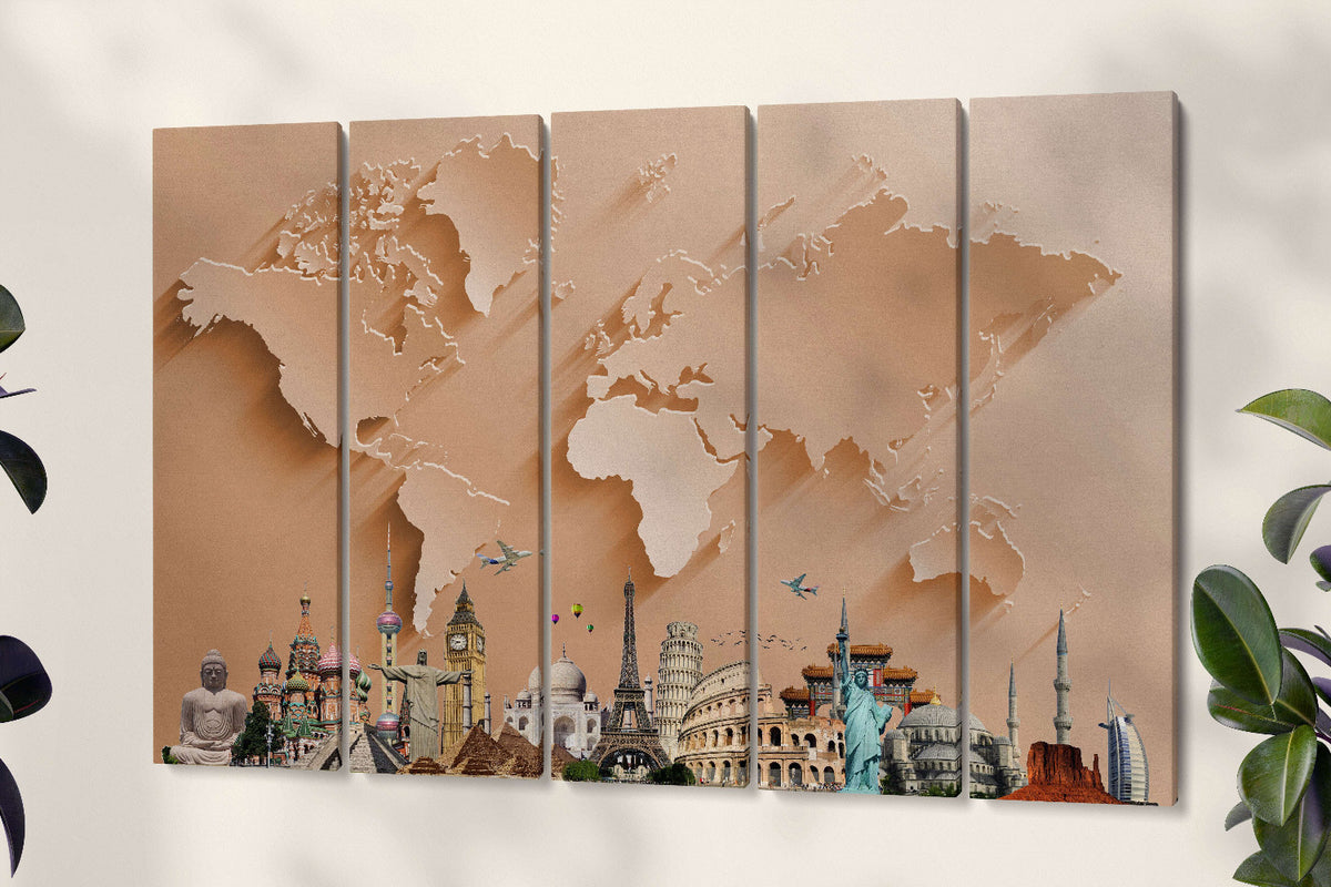 Bronze World Map With Monuments Framed Canvas Leather Print