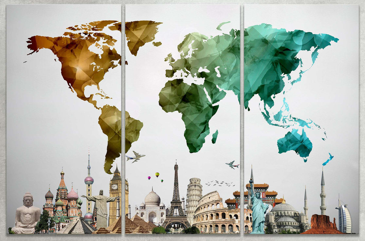 LARGE Color World Map Vector with Monuments Framed Canvas Leather Print